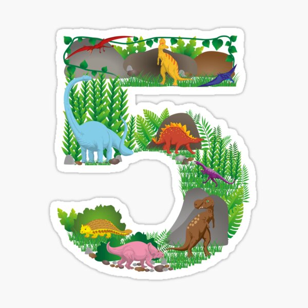 "Dinosaurs Jungle Scene fifth Birthday number five" Sticker for Sale by ...