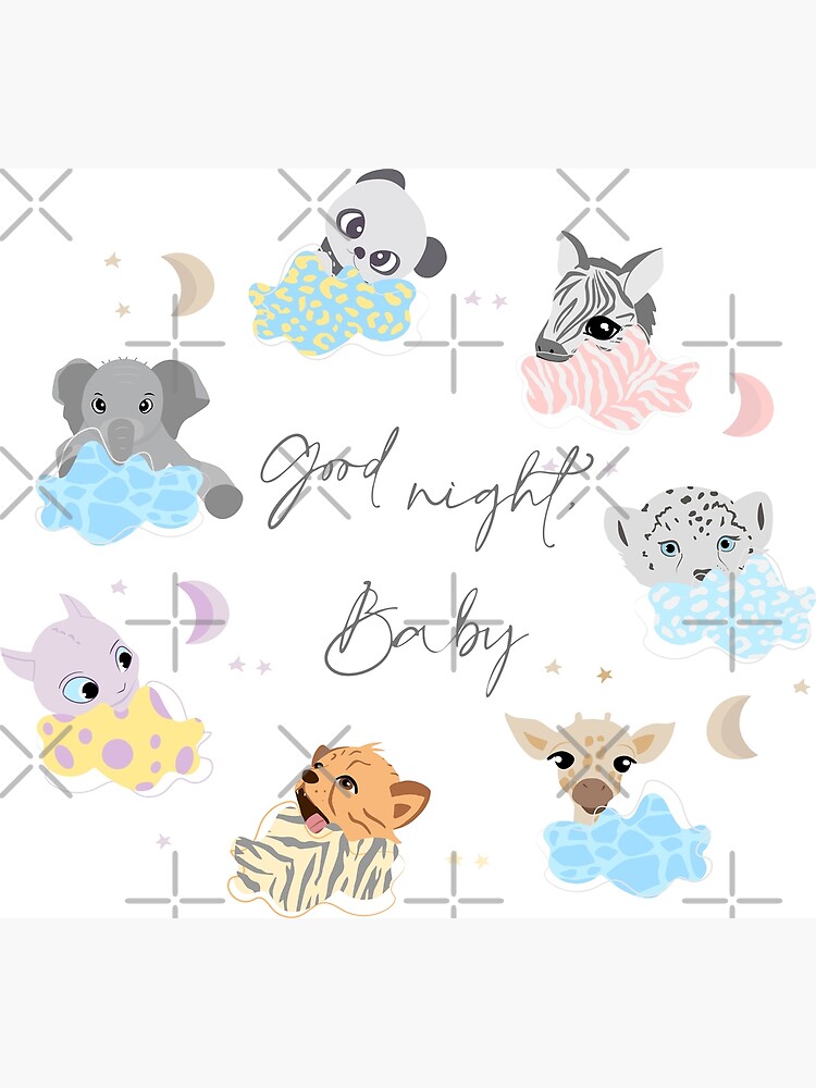 "Good night baby sleeping safari animals set, baby animals on clouds ...