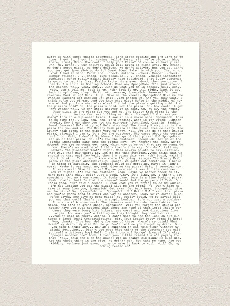 "Spongebob Squarepants Pizza Delivery Script" Art Print for Sale by ...