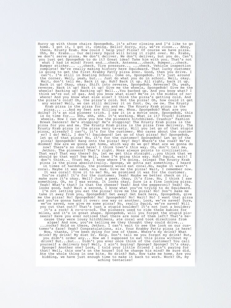 "Spongebob Squarepants Pizza Delivery Script" Poster for Sale by ...