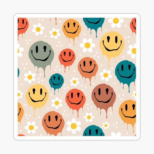 "Retro Melty Smiley Faces and Daisy Flowers" Sticker for Sale by ...
