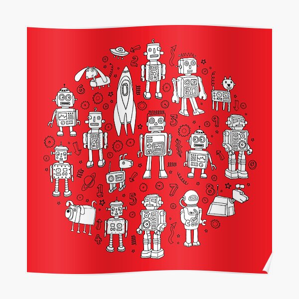 "Roboter-Muster - Rot und Weiß - Spaßmuster durch Cecca Designs" Poster ...