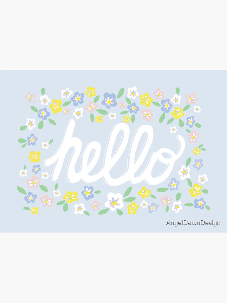 "cheerful hello text print on light blue background with small flowers ...