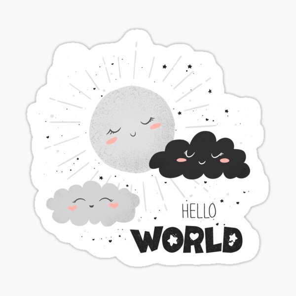"Cute cartoon sun, clouds and lettering Hello world" Sticker for Sale ...