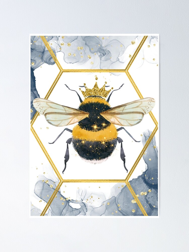 "Queen Bee Honeycomb Navy Blue Watercolour | Gold Crown Glitter ...