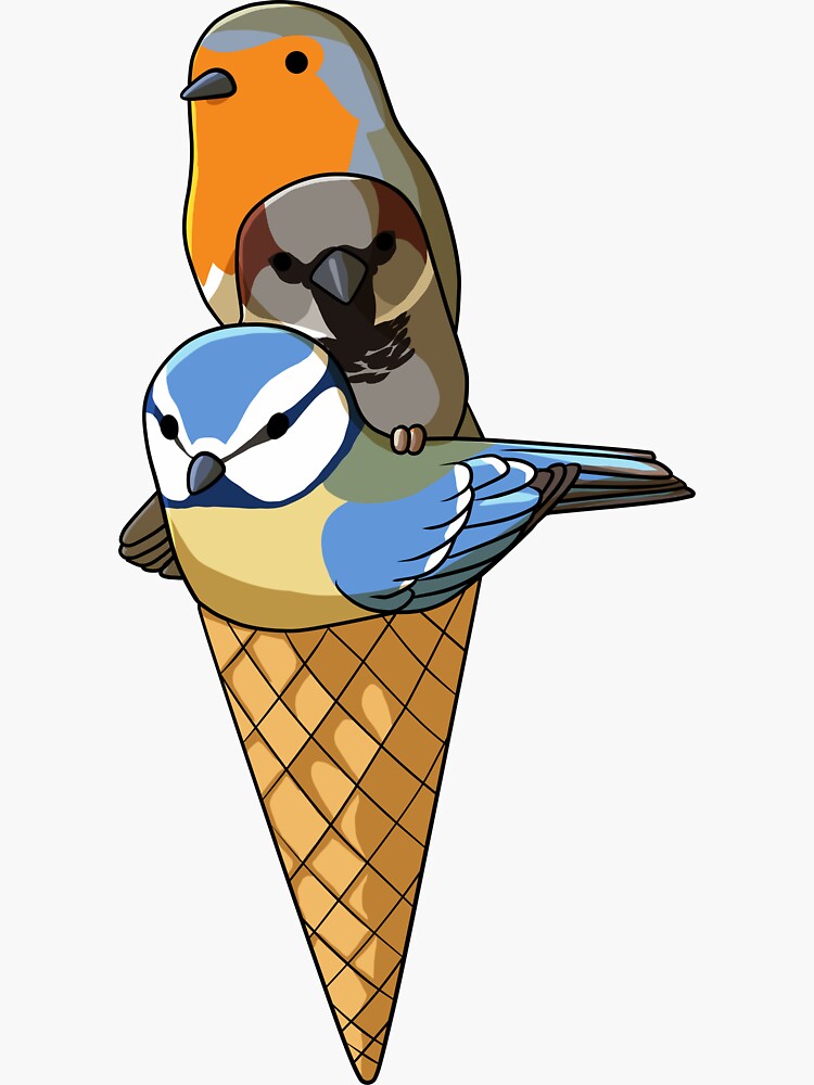 "Funny Birds Ice Cream Robin, Blue Tit and House Sparrow" Sticker for ...
