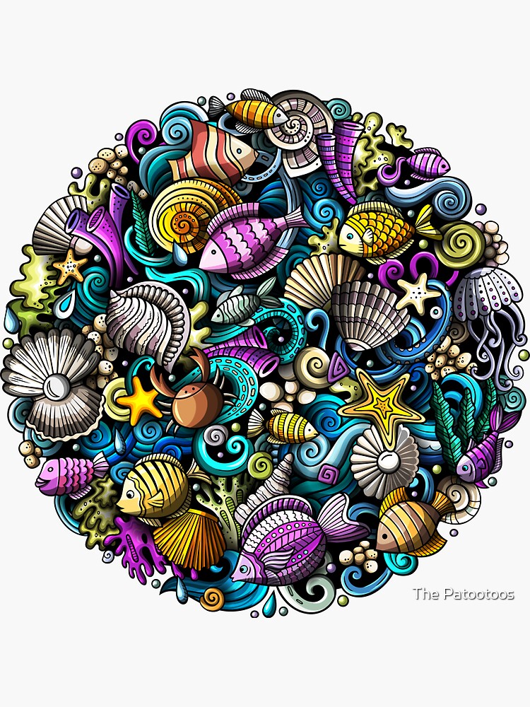 "Marine Sea Life Doodle Art - Colourful Fish Coral ocean" Sticker for ...