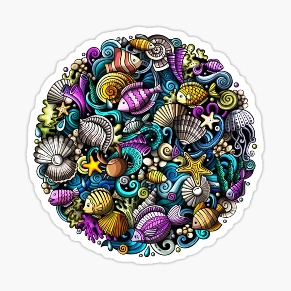 "Marine Sea Life Doodle Art - Colourful Fish Coral ocean" Sticker for ...