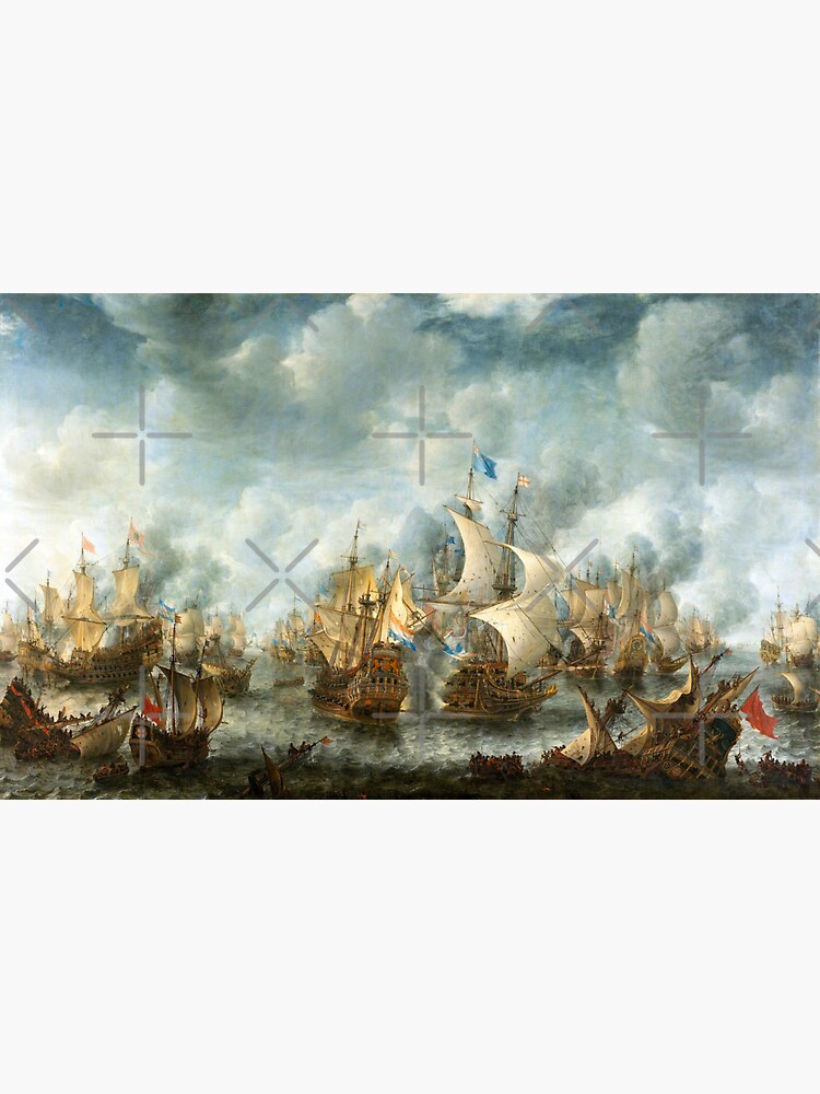 "Massive 1653 naval battle scene with blazing cannons and sinking ships ...