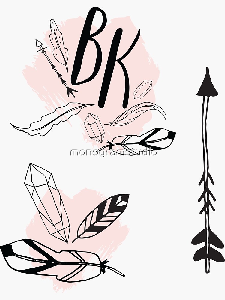 "Monogram Letters B K - Hand written font, with boho elements" Sticker ...