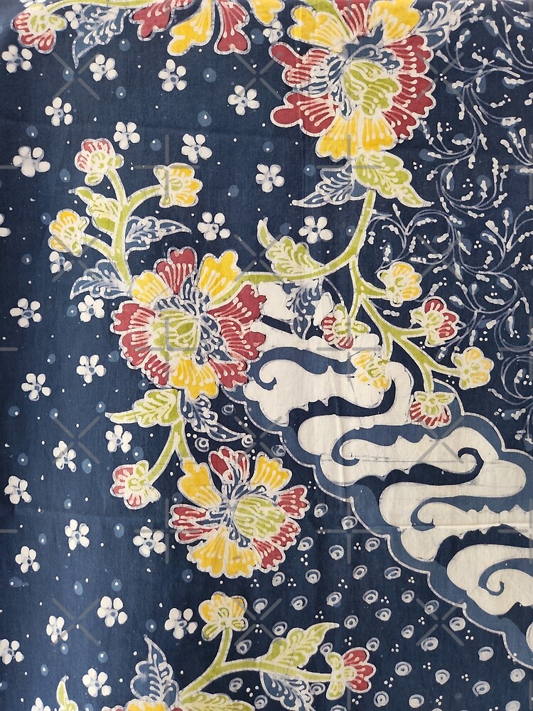 Indonesia Handmade Hand Drawn Batik Tulis Blue Colorful Plant Floral