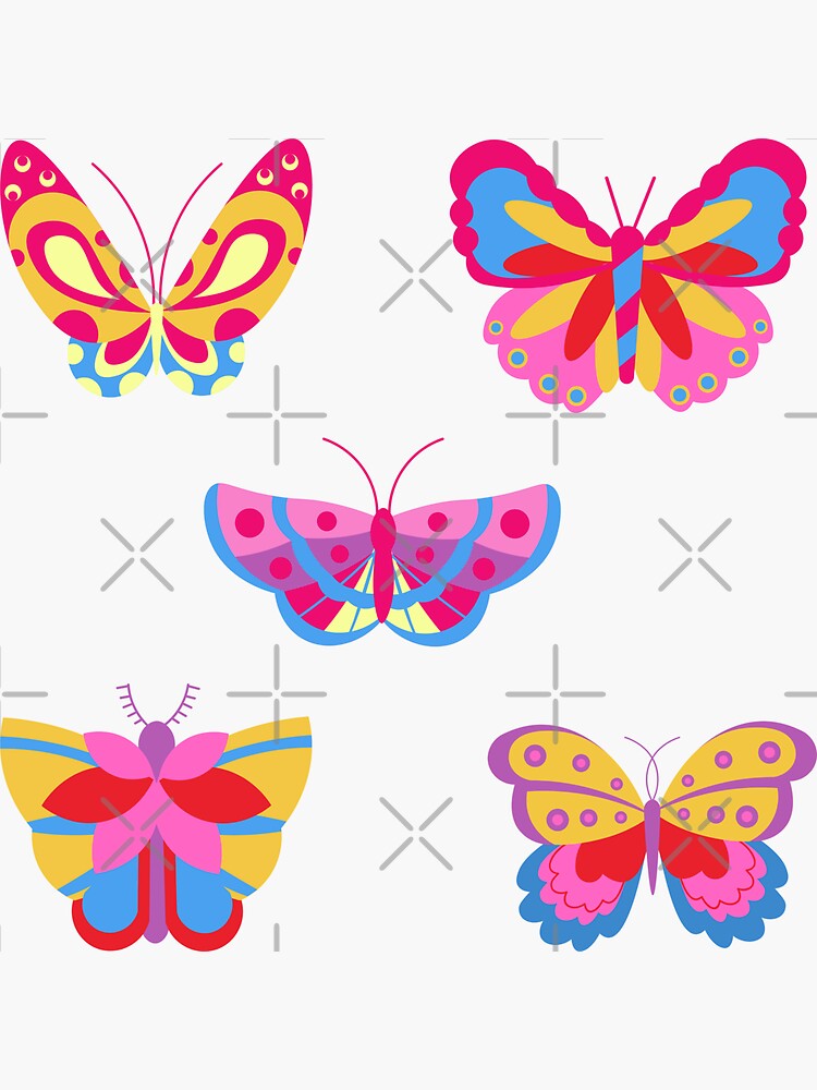 "Colorful, pretty butterflies; sticker set of five different ...