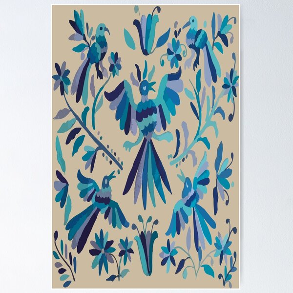 "Blue otomi tenango mexican fabric birds and flower embroidery interior ...