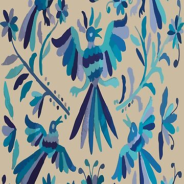 "Blue otomi tenango mexican fabric birds and flower embroidery interior ...