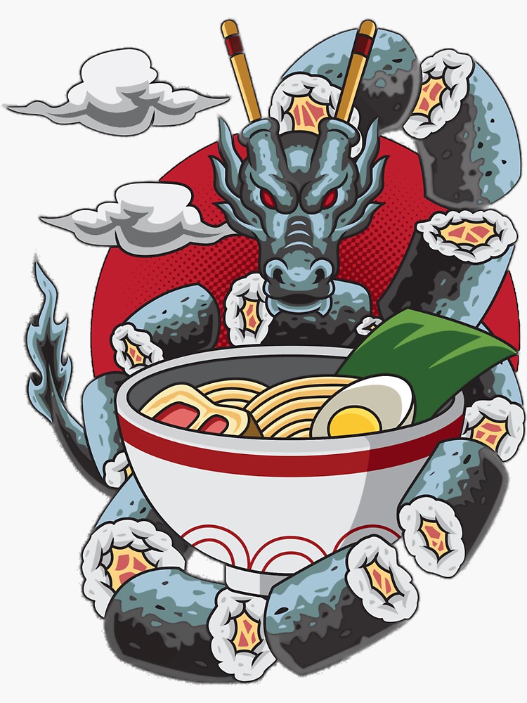 "Sushi dragon eating ramen. " Sticker for Sale by RadiyahBama | Redbubble