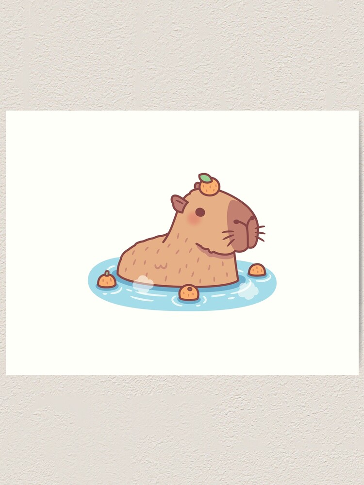 "Cute Capybara With Orange On Head Chilling In Hot Spring" Art Print ...