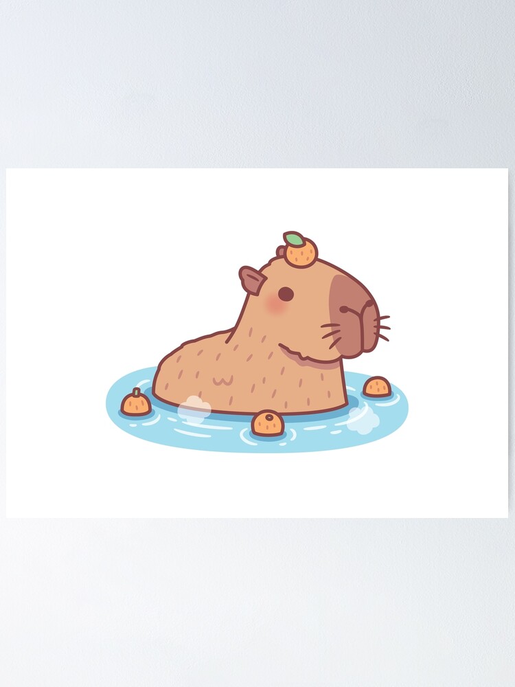 "Cute Capybara With Orange On Head Chilling In Hot Spring" Poster for ...