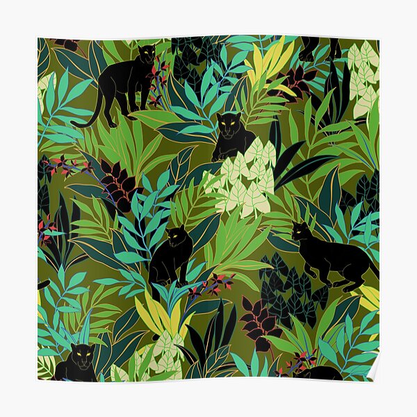 "Black puma and tropical green leaves" Poster for Sale by FGCART ...