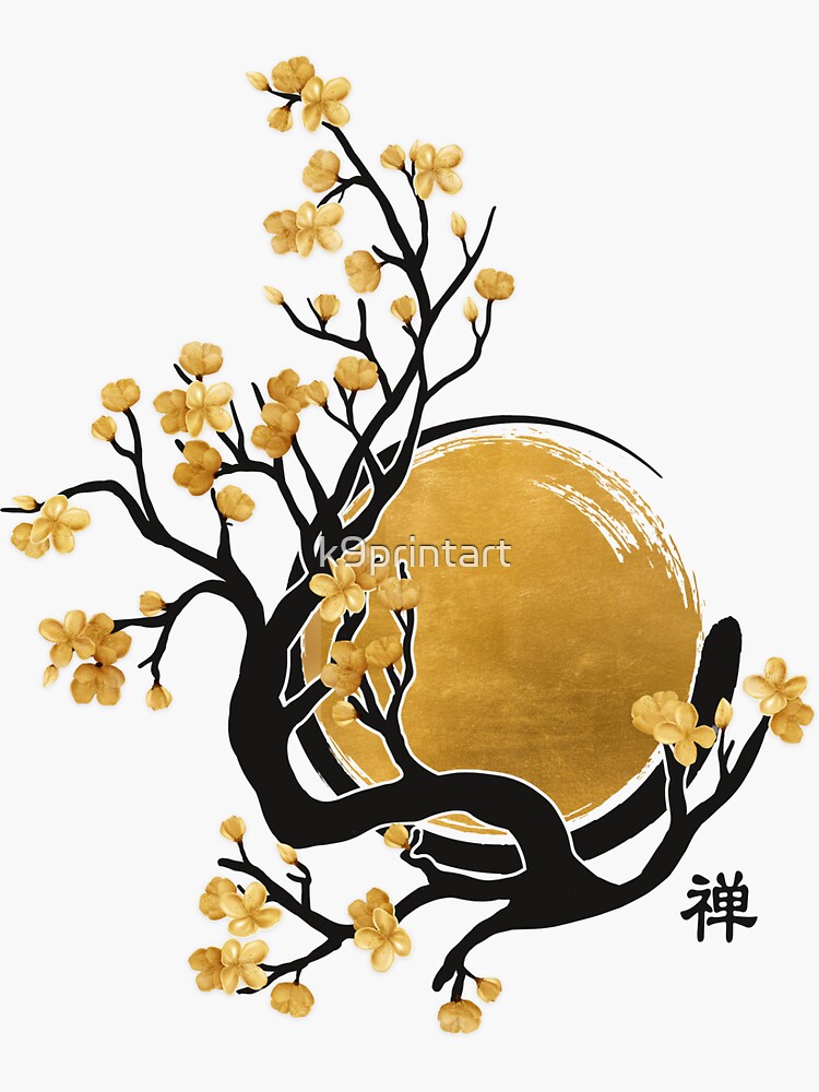 Pegatina «Círculo Zen Enso, Sol Dorado y Flor de Sakura» de k9printart | Redbubble