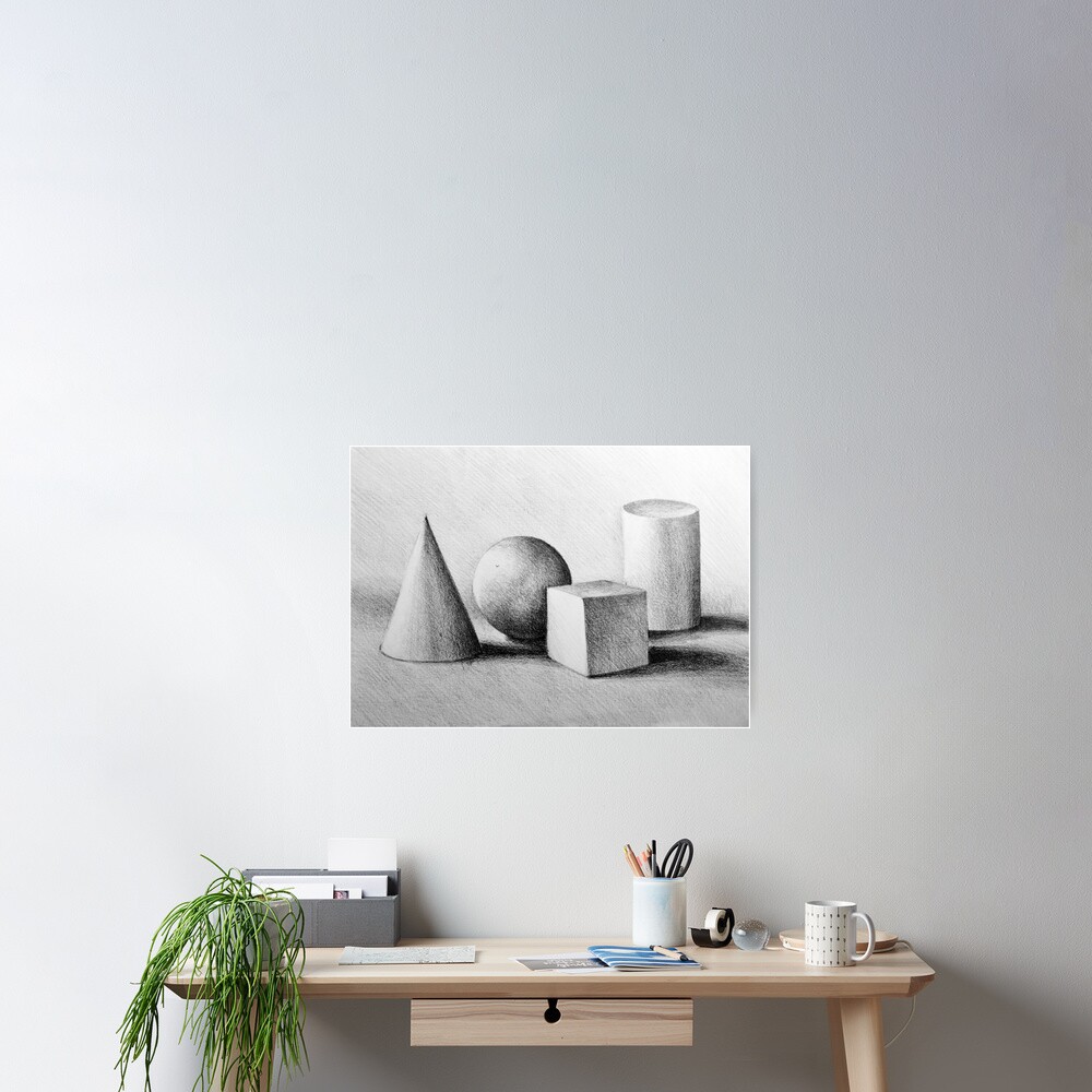 "Drawing illustration of still life composition with cylinder, sphere ...