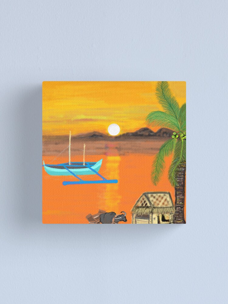 "Sunset Mountain in Nipa Hut Coconut Palm Tree With Buffalo & Boat ...