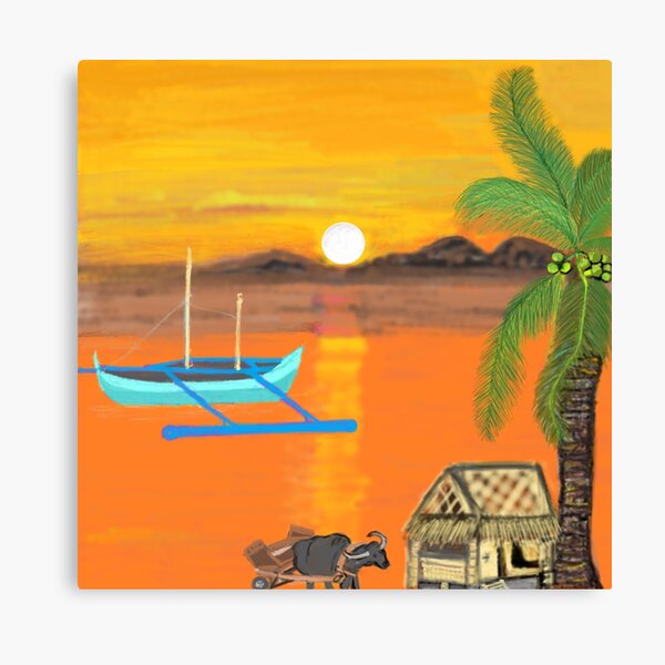 "Sunset Mountain in Nipa Hut Coconut Palm Tree With Buffalo & Boat ...