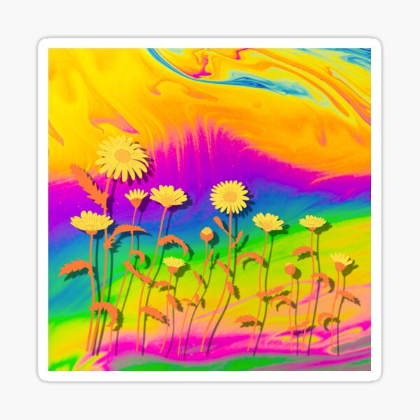 "Rainbow Meadow.. Daisies set off against a rainbow background" Sticker ...