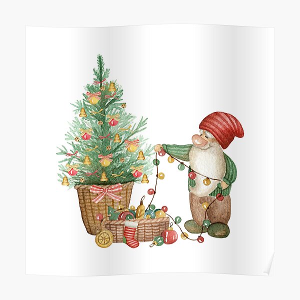 "Cute Watercolor Christmas Gnome and Christmas Tree" Poster for Sale by ...