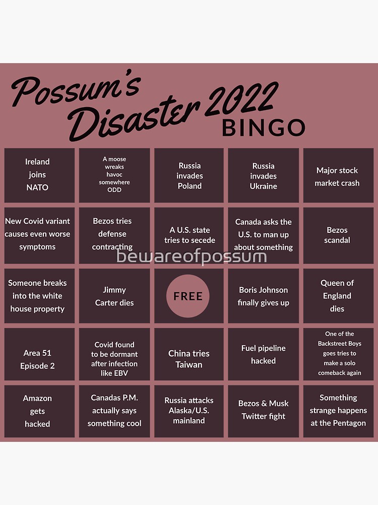 22 Disaster bingo card" Sticker for Sale by bewareofpossum | Redbubble