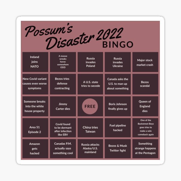 22 Disaster bingo card" Sticker for Sale by bewareofpossum | Redbubble