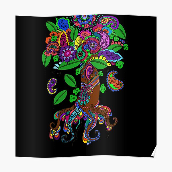 "Psychedelic Paisley Tree hand-drawn Illustration on Black Background ...