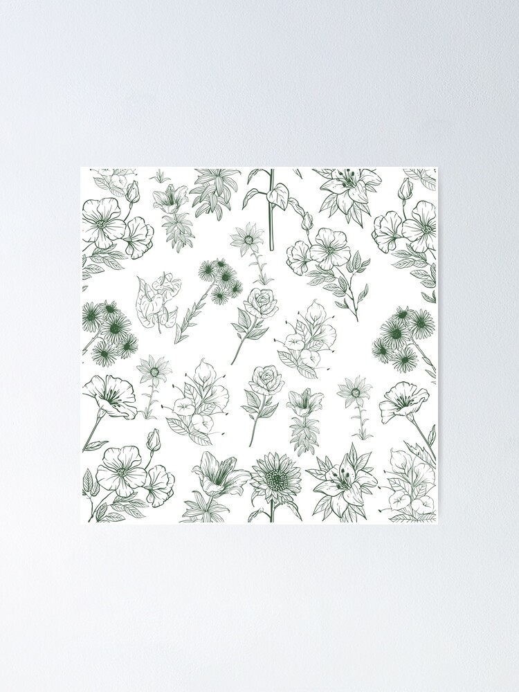 "Green Line Flowers Pattern, Collection Of Flowers -" Poster for Sale ...
