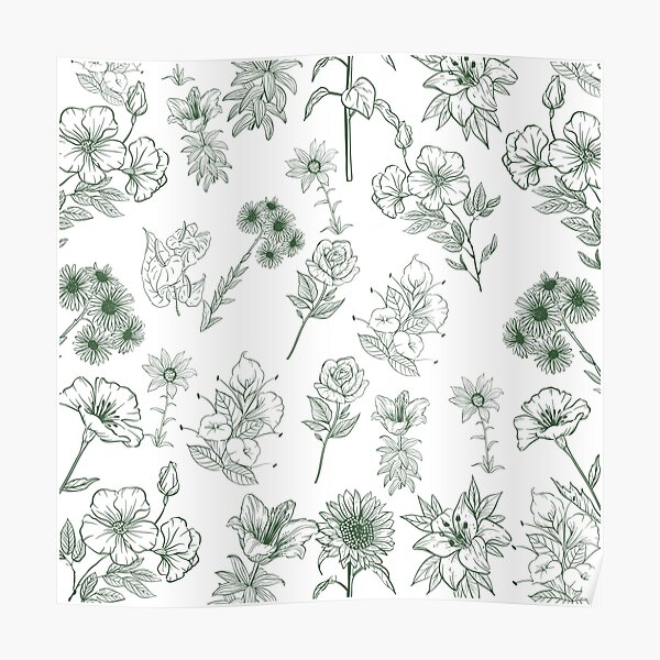 "Green Line Flowers Pattern, Collection Of Flowers -" Poster for Sale ...
