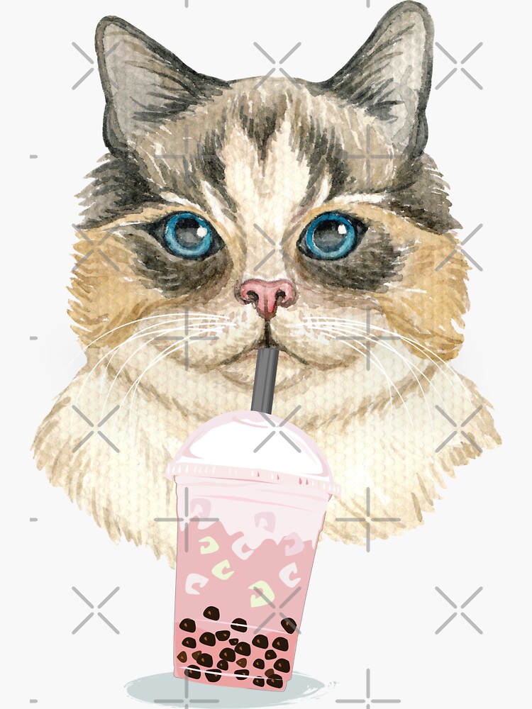"Boba Drinking Blue-Eyed Cat " Sticker for Sale by tmdaliggr | Redbubble