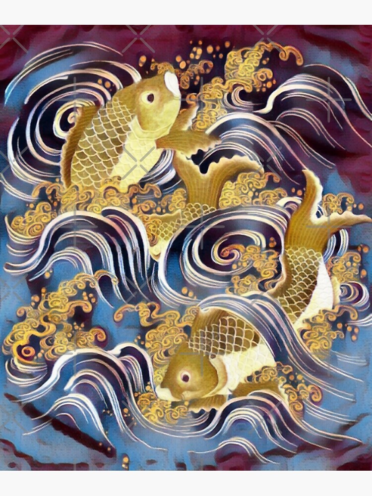 "Asian Fish Art: Carp in Waves during Meiji period; gold, blue ...