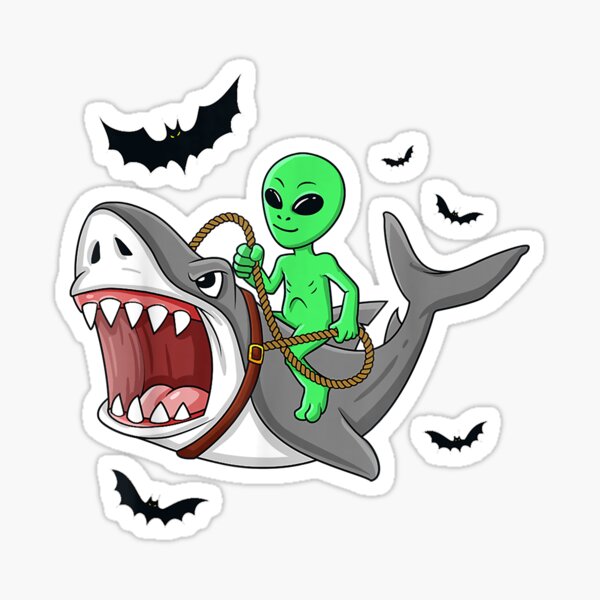 "Halloween Alien Riding Shark Fun Boys Girls Kids " Sticker for Sale by ...