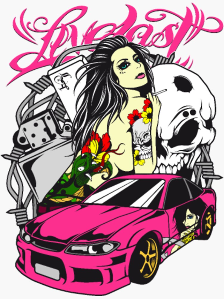 "Furious Fast Girl Car Tee Tattooed Skull Racing" Sticker for Sale by ...