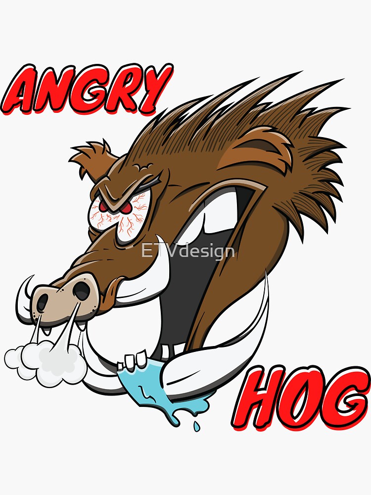""Angry Hog" Wild Hog Cartoon Boar Funny Animal Pig Head" Sticker for ...