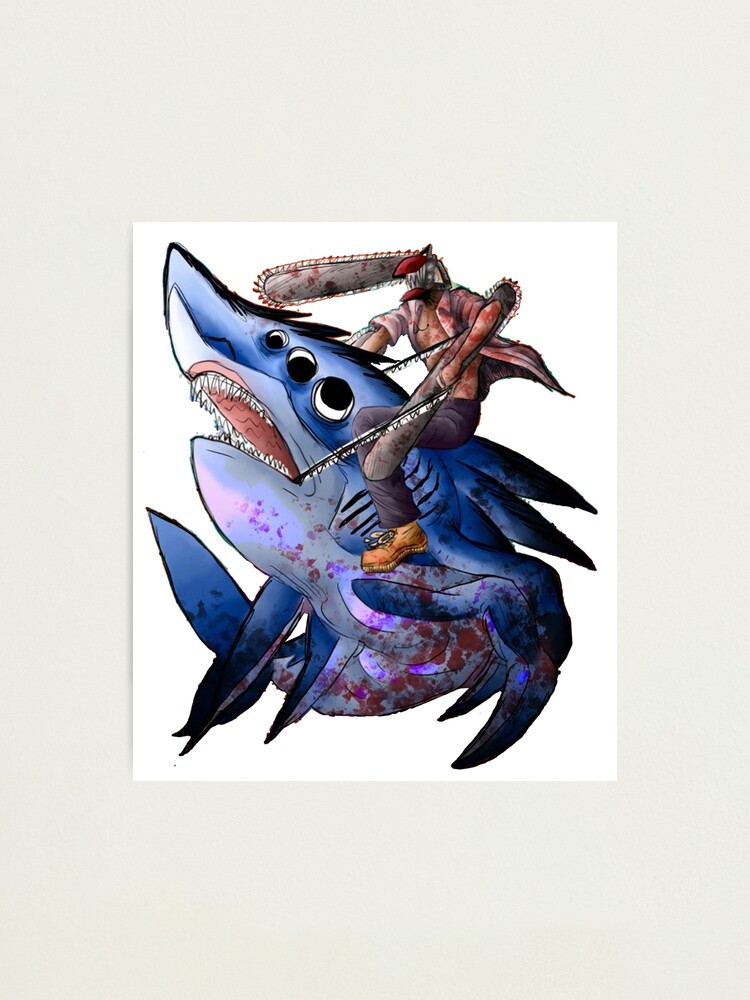 Impression photo « Chainsaw man riding shark », par Sonic-ip | Redbubble