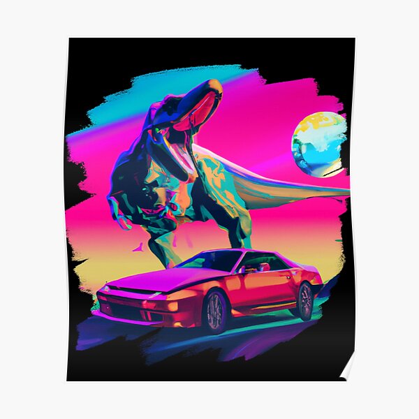"T Rex Dinosaur Chasing Sports Car In Space Tyrannosaurus Rex" Poster ...