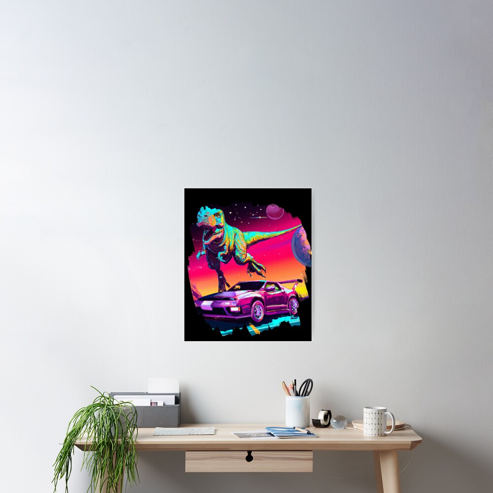 "T Rex Dinosaur Chasing Sports Car In Space Tyrannosaurus Rex" Poster ...
