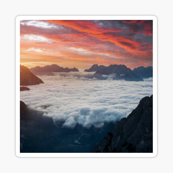 "Mountain Peaks in Clouds and Dramatic Pink Sky" Sticker for Sale by ...