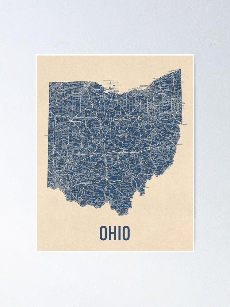 "Vintage Ohio Road Map, Blue on Beige #1" Poster for Sale by ...