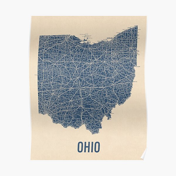 "Vintage Ohio Road Map, Blue on Beige #1" Poster for Sale by ...