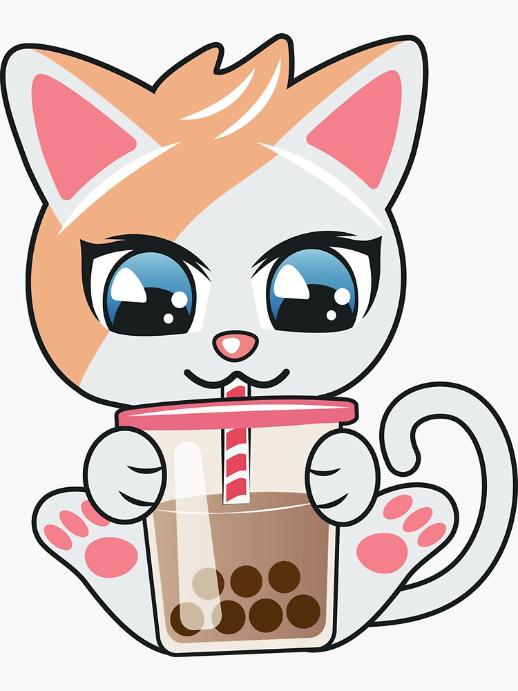 "cat drinking boba tea, cat drinking milk" Sticker for Sale by THROUGH ...