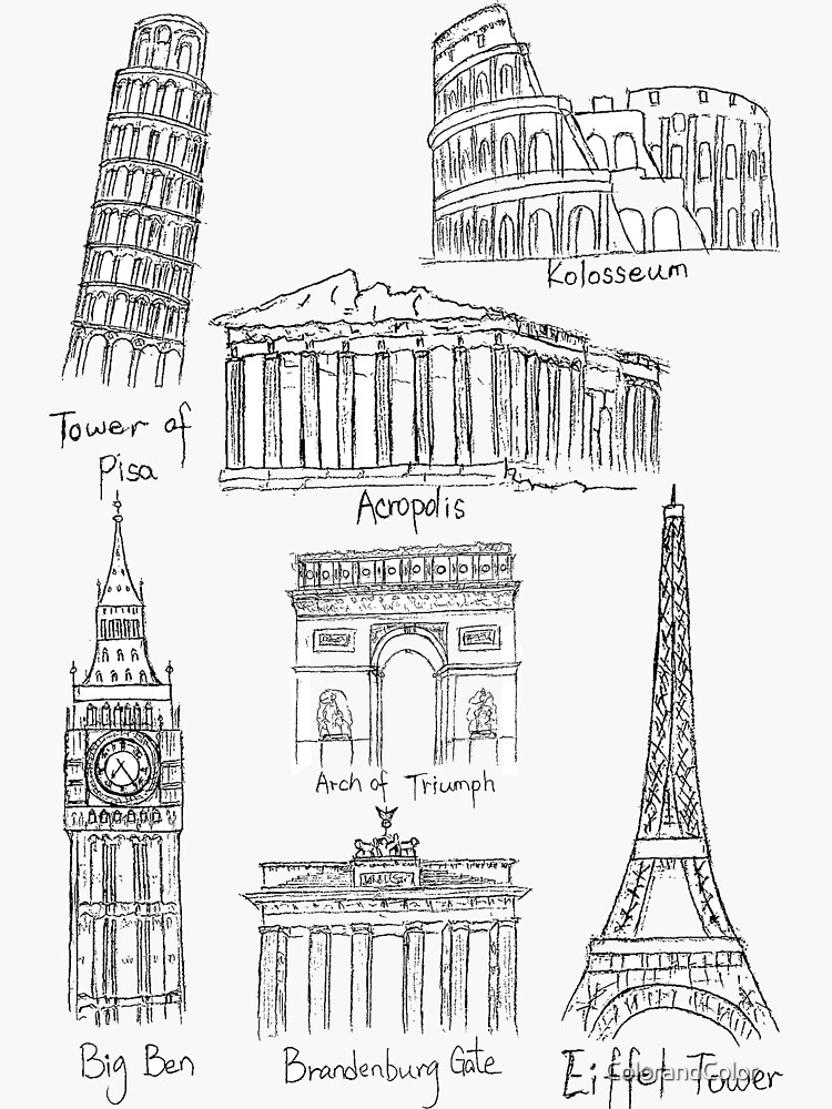 "Europe landmarks sketch Eiffel tower Big Ben Tower of Pisa " Sticker ...