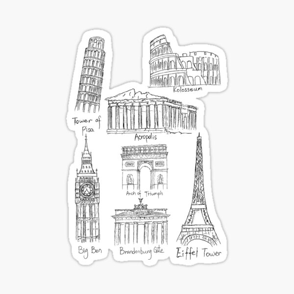 "Europe landmarks sketch Eiffel tower Big Ben Tower of Pisa " Sticker ...