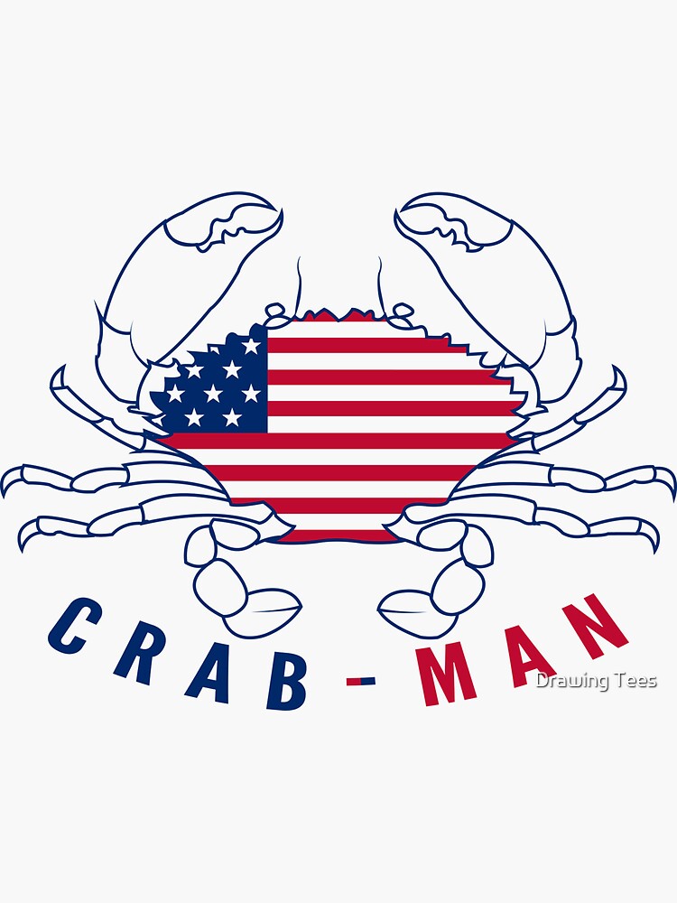 "Crab Line drawing with USA Flag shape and Crab Man text" Sticker for ...