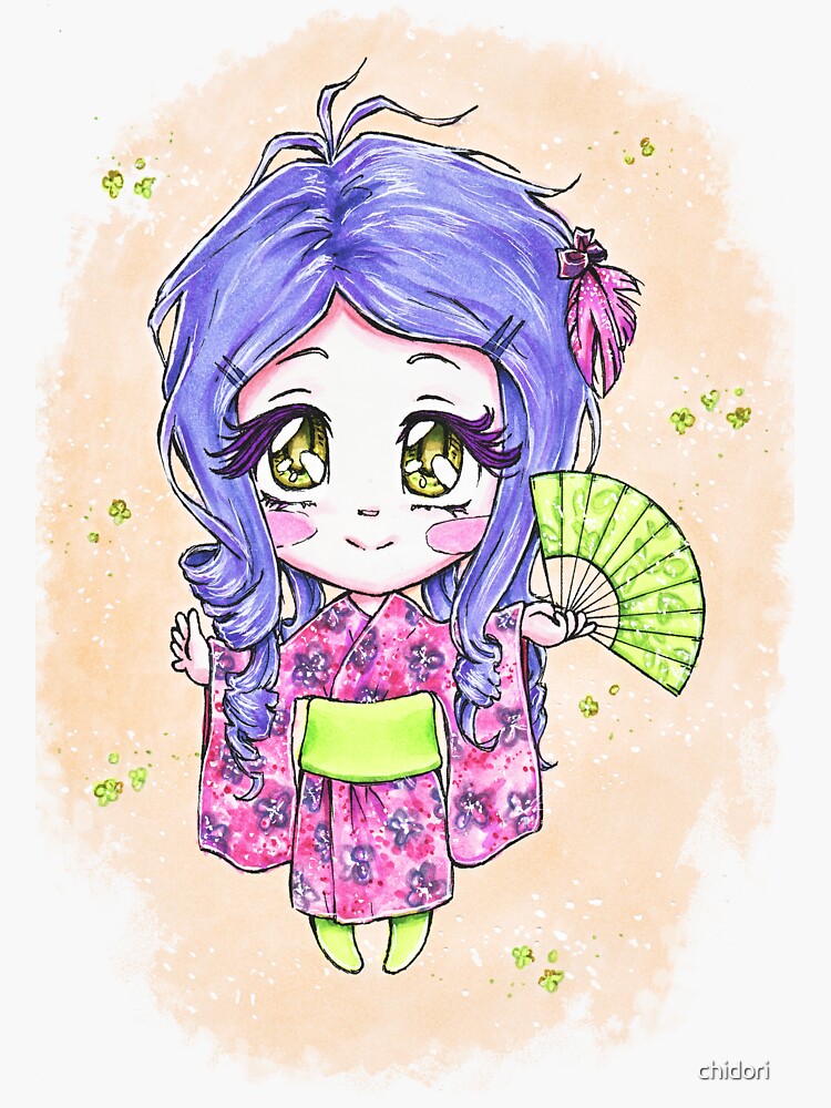 "Chibi girl wearing a pink yukata" Sticker for Sale by chidori | Redbubble