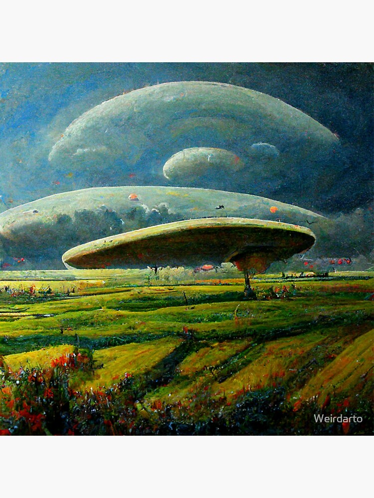 "UFO Invasion Bright Landscape Aliens in Country Field" Sticker for ...